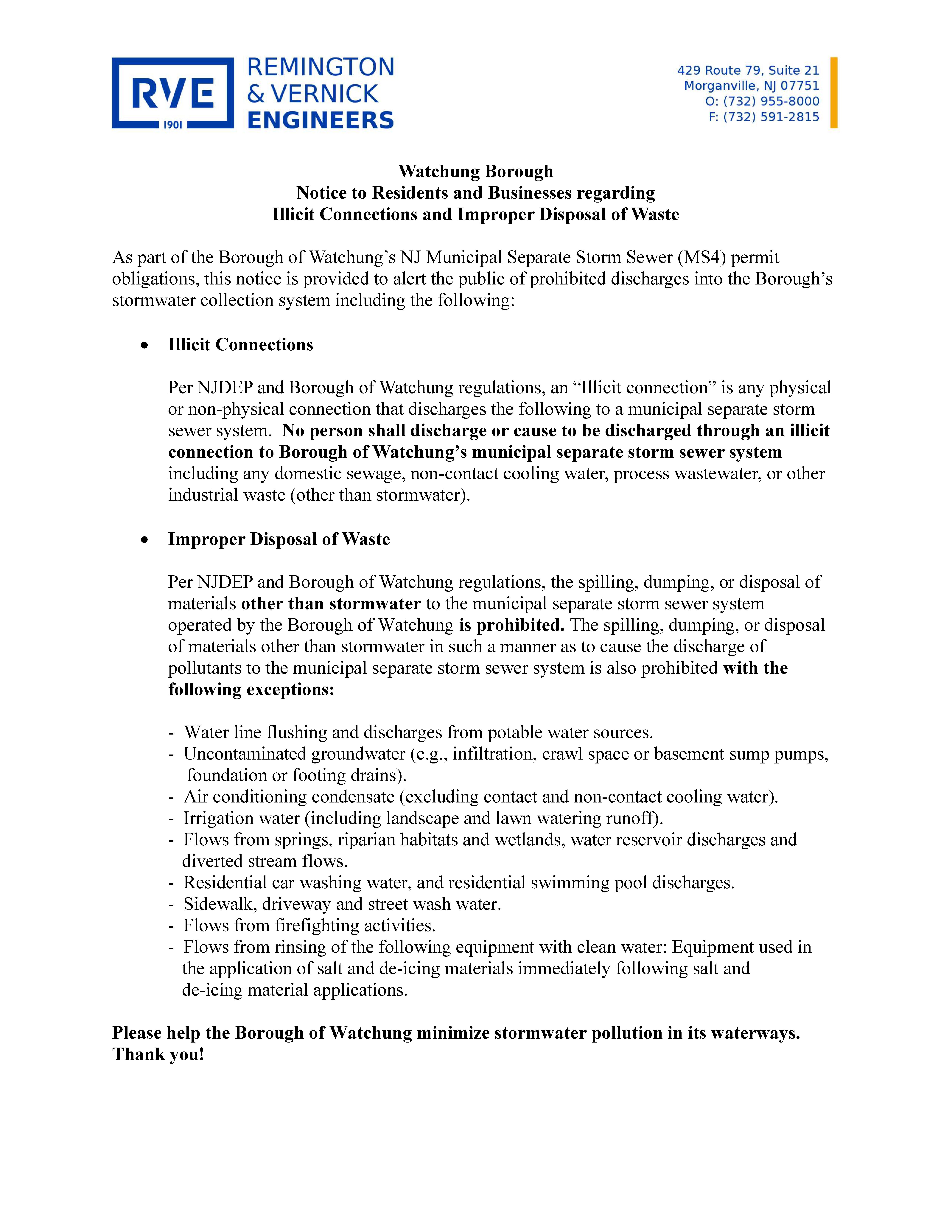 Watchung, NJ - Notice About Illicit Connection and Improper Waste