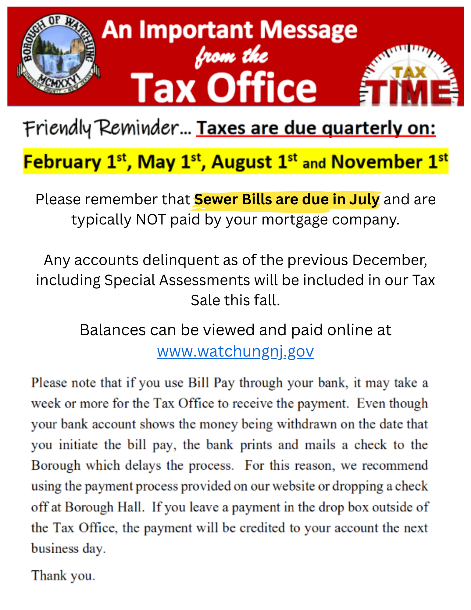 Watchung, NJ - Tax Collector